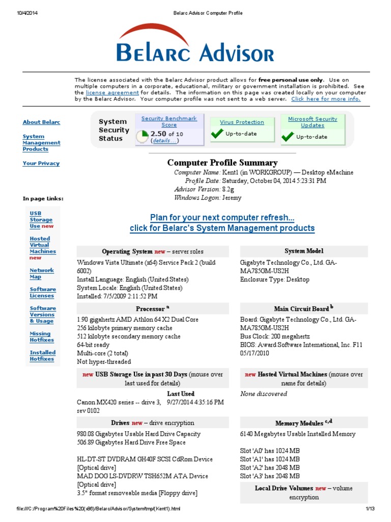 Belarc Advisor Computer Profile Vista Computer | PDF | Microsoft ...