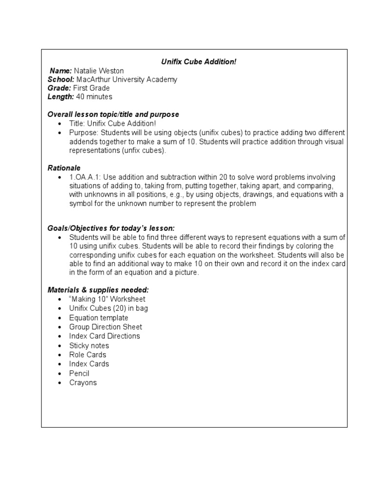 Unifix Cube Addition Lesson | PDF | Cognition | Learning