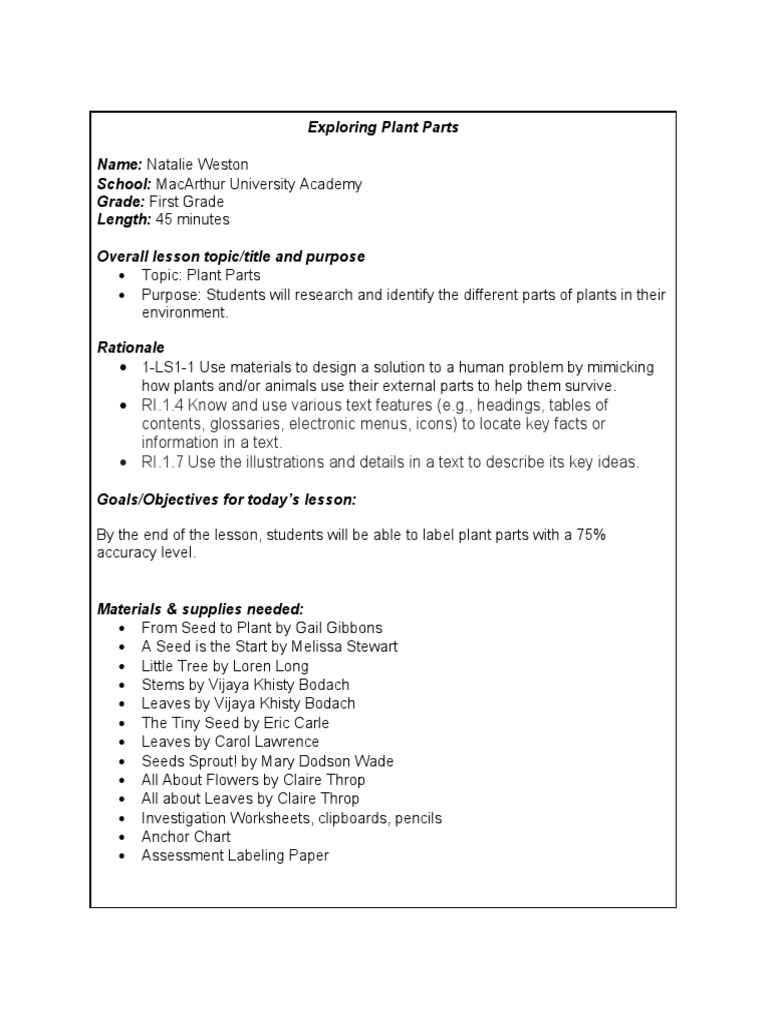 Exploring Plant Parts Lesson | PDF | Flowers | Cognition