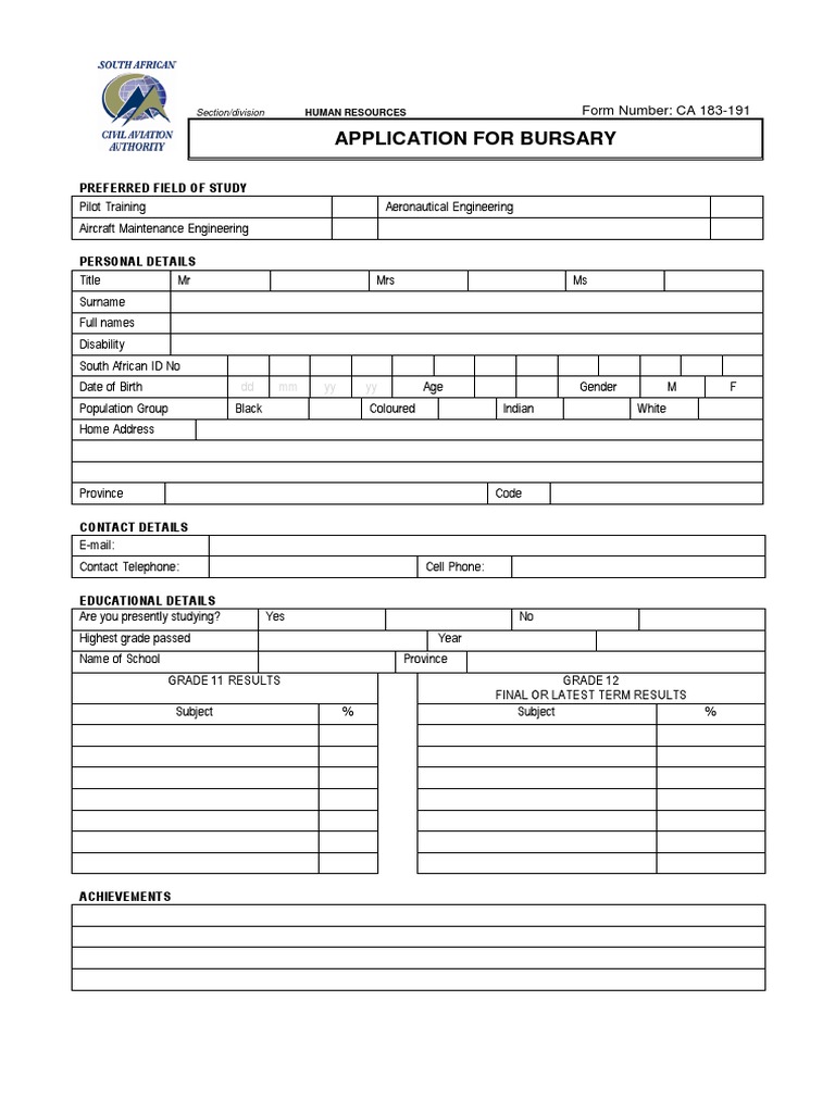 Application For Bursary: Preferred Field of Study | PDF | Government ...