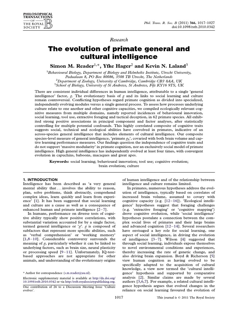 Evolution Of Primate Pdf Intelligence Principal Component Analysis
