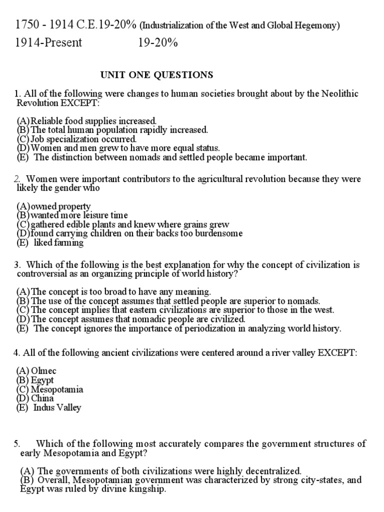 1750 - 1914 C.E.19-20% 1914-Present 19-20%: Unit One Questions | PDF ...