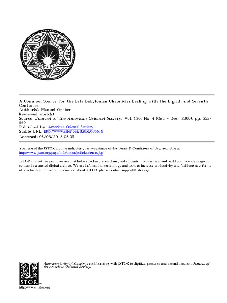 A Common Source For The Late Babylonian Chronicles Dealing With The Eighth and SeventhCenturies ...