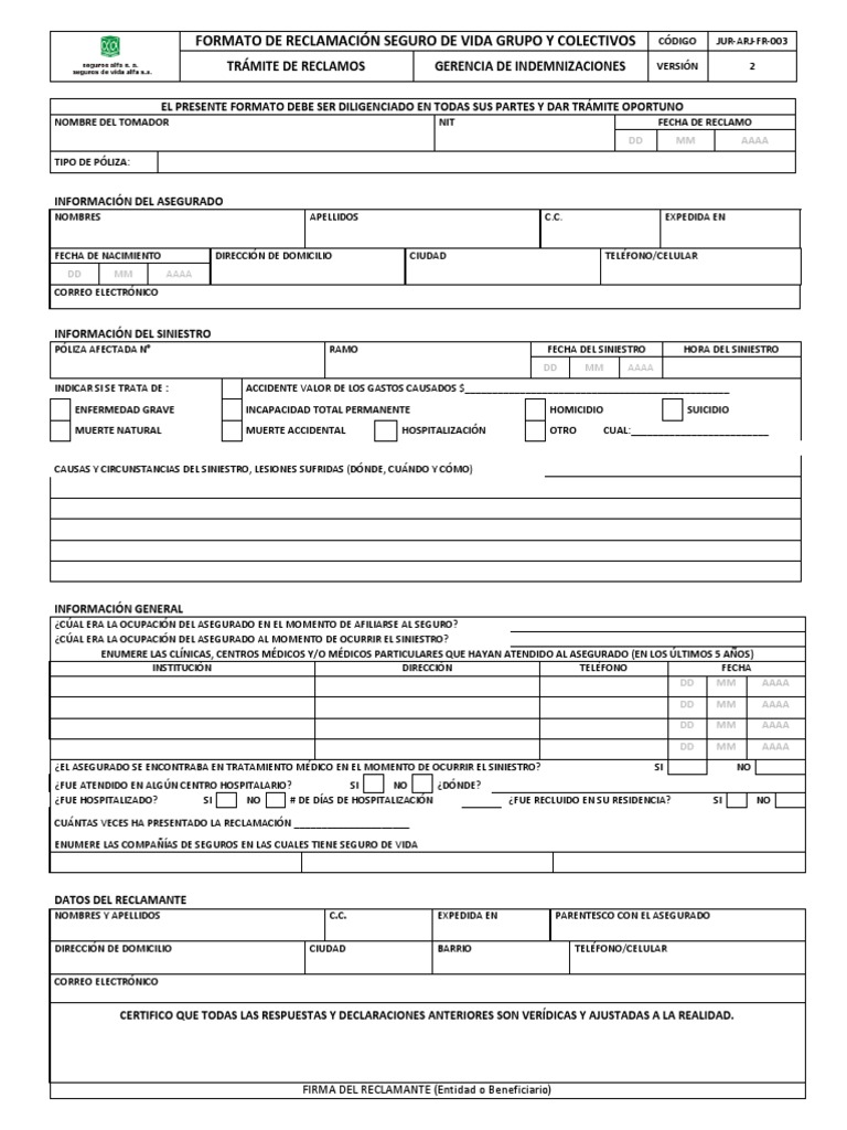 Formato de Reclamación de Seguros Alfa PDF | PDF | Póliza de seguros | Seguro de vida
