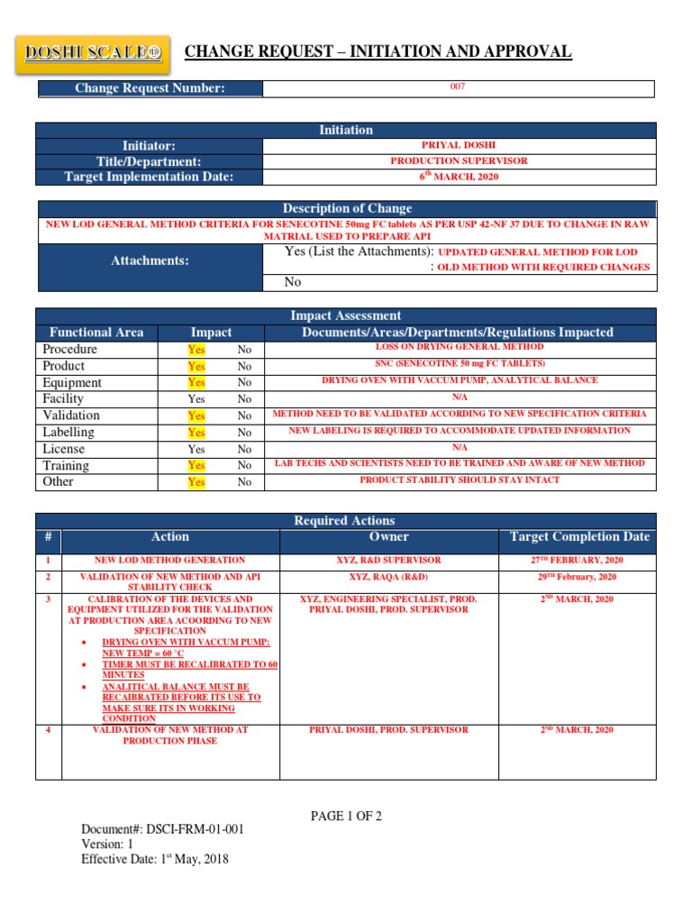 Change Request - Initiation and Approval: Yes (List The Attachments ...