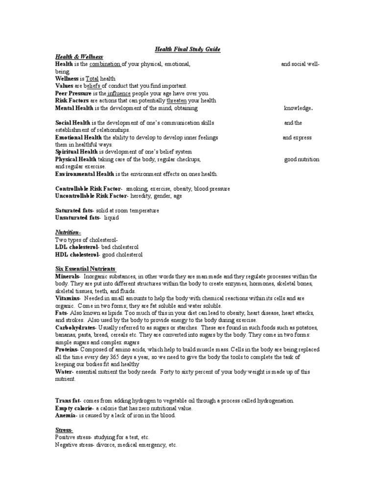 Health Final Study Guide | PDF | Fat | Cardiopulmonary Resuscitation