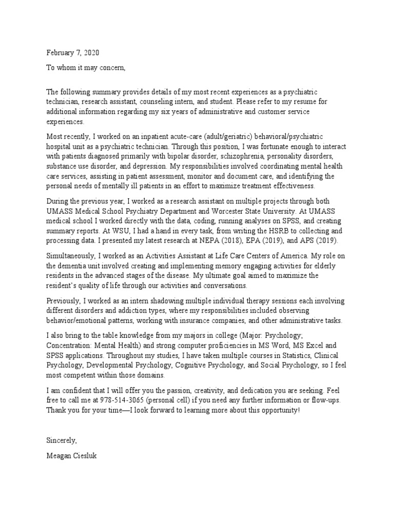 Ciesluk Meagan Cover Letter | PDF | Mental Disorder | Psychiatry