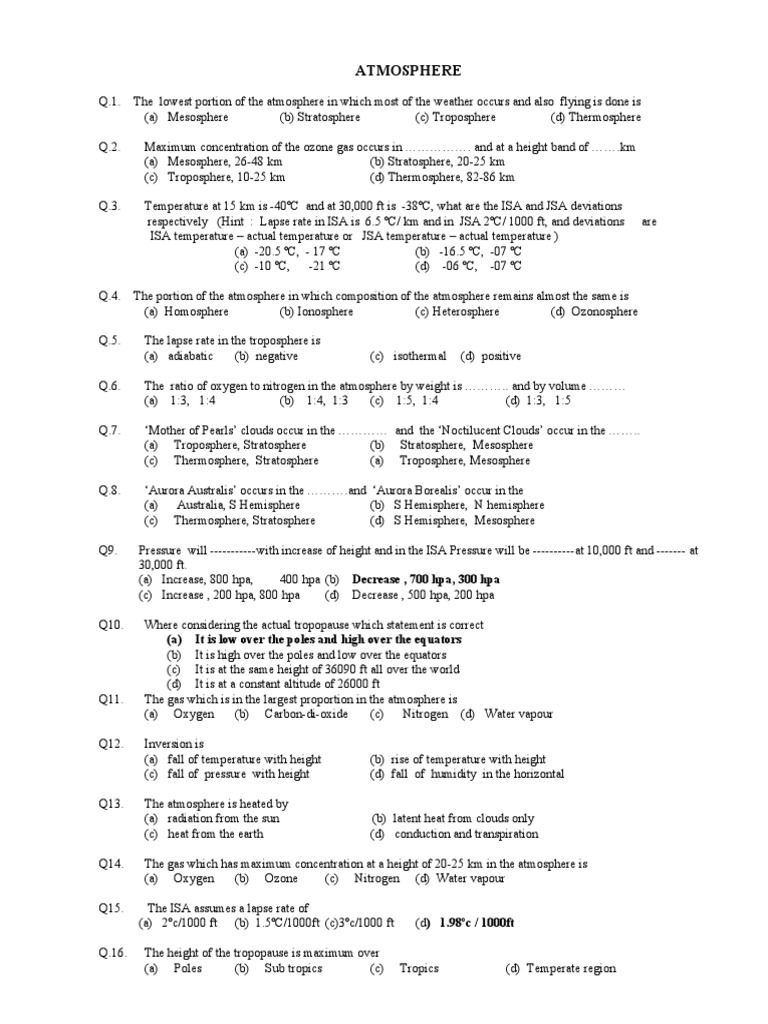 Atmospheric Quiz on Layers & Gases | PDF | Atmosphere Of Earth ...