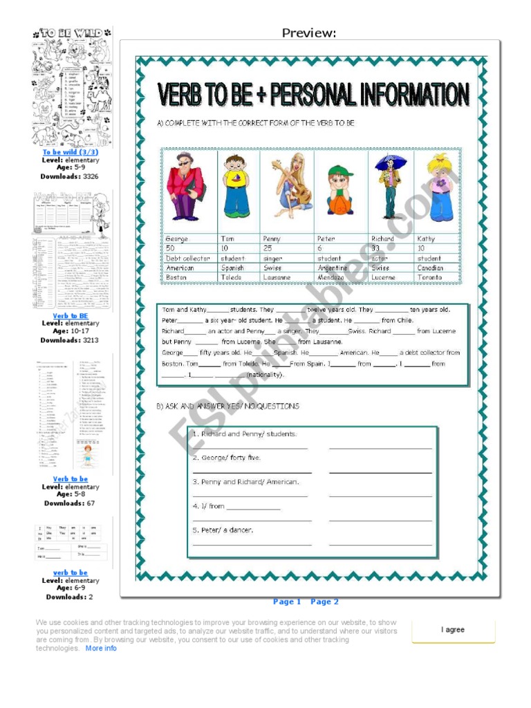 VERB TO BE - PERSONAL INFORMATION - ESL Worksheet by Sandramendoza | PDF