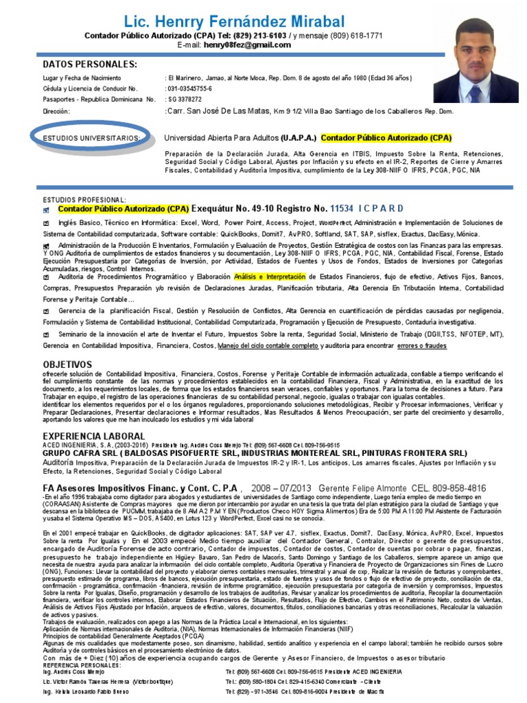 Currículum Vitae Henry Fernández Mirabal | PDF | Contabilidad | Auditoría