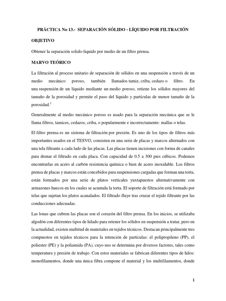 Práctica No 13.-Separación Sólido - Líquido Por Filtración Objetivo ...