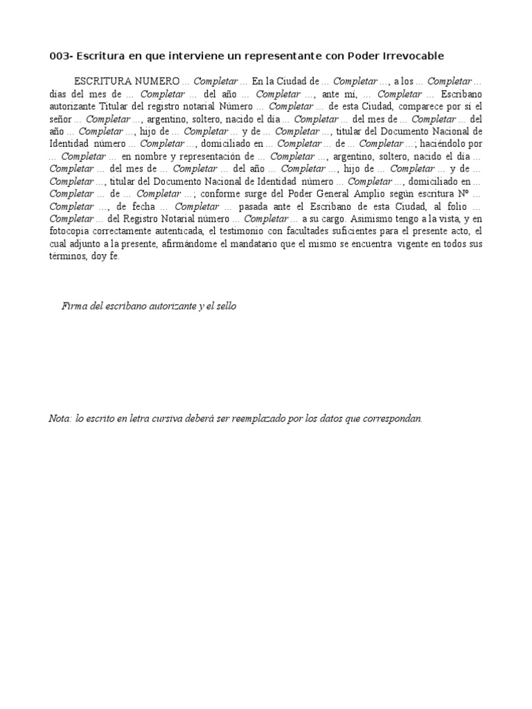 Escritura en Que Interviene Un Representante Con Poder Irrevocable | PDF