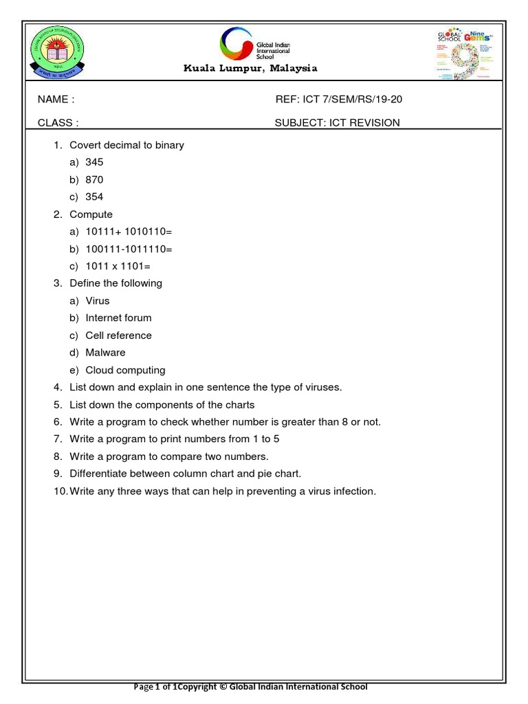 It Class 7 Revision Sheet | PDF