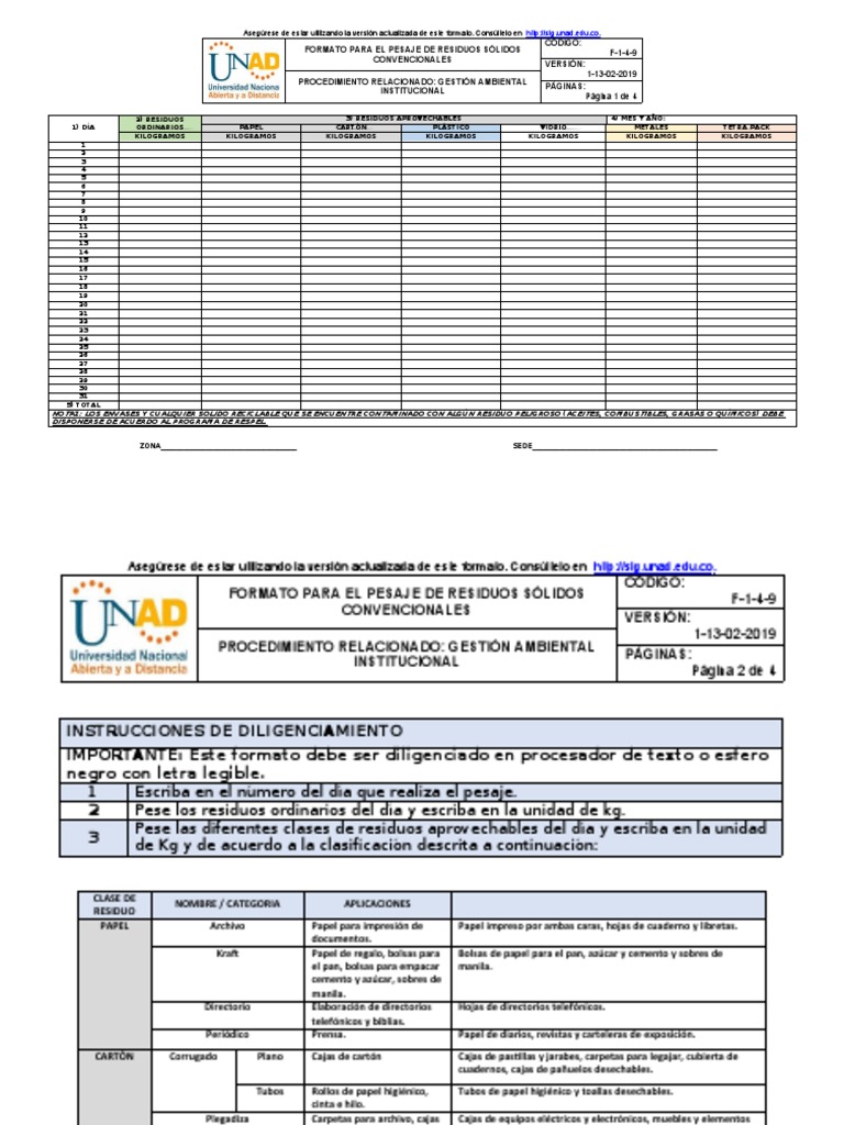 FORMATO PARA EL PESAJE DE RESIDUOS SÓLIDOS CONVENCIONALES | Papel ...