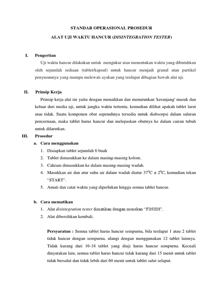 SOP DISINTEGRATION TESTER-DEDI KURNIAWAN-I4C019070-dikonversi | PDF
