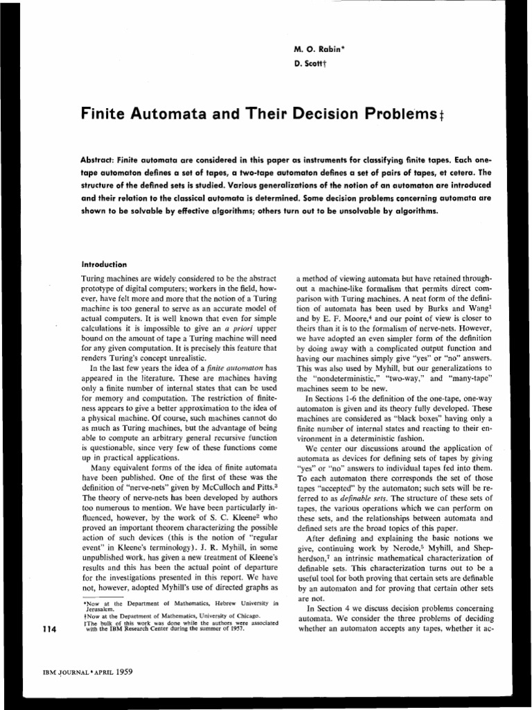 1959 - Rabin, Scott - Finite Automata and Their Decision Problems PDF | PDF | Set (Mathematics ...