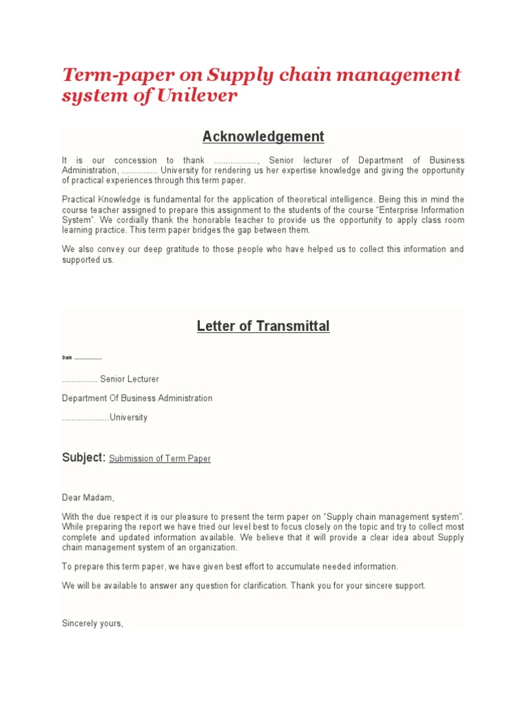 Term Paper On SCM of Unilever | PDF | Supply Chain | Enterprise ...