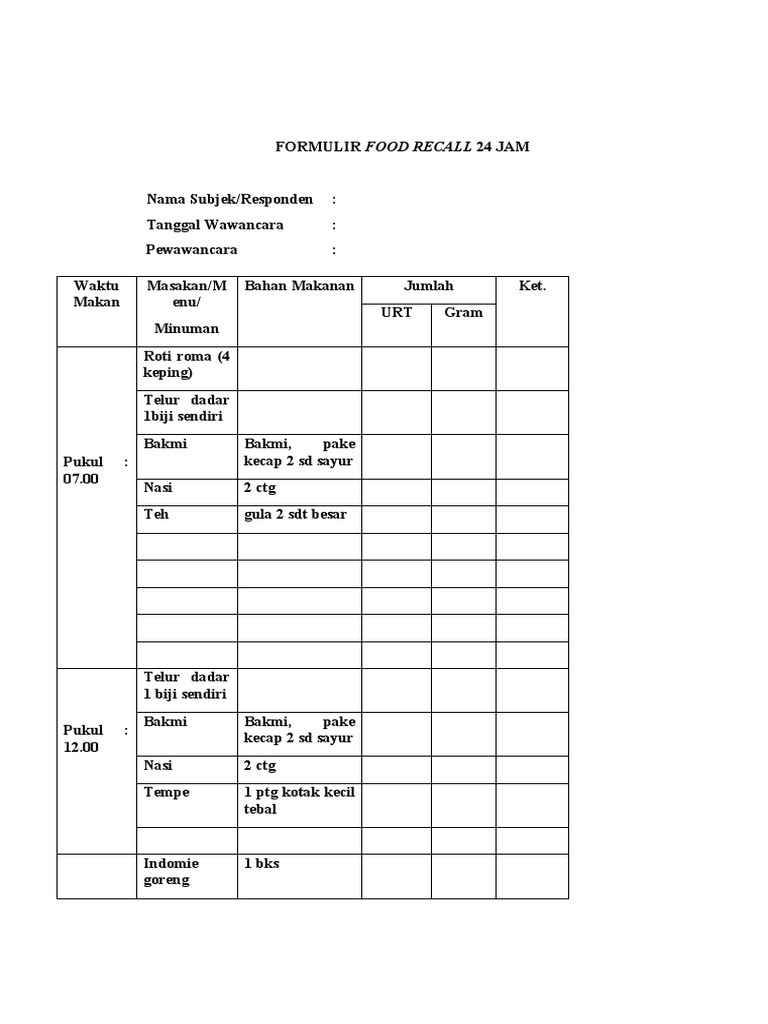 Formulir Food Recall 24 Jam | PDF