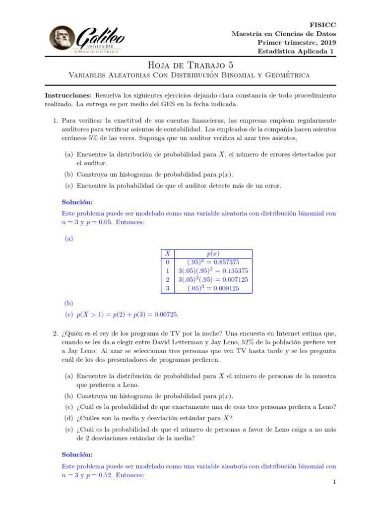 Hoja de Trabajo 05 - Variables Aleatorias Binomial y Geometrica - Solucion PDF | PDF ...