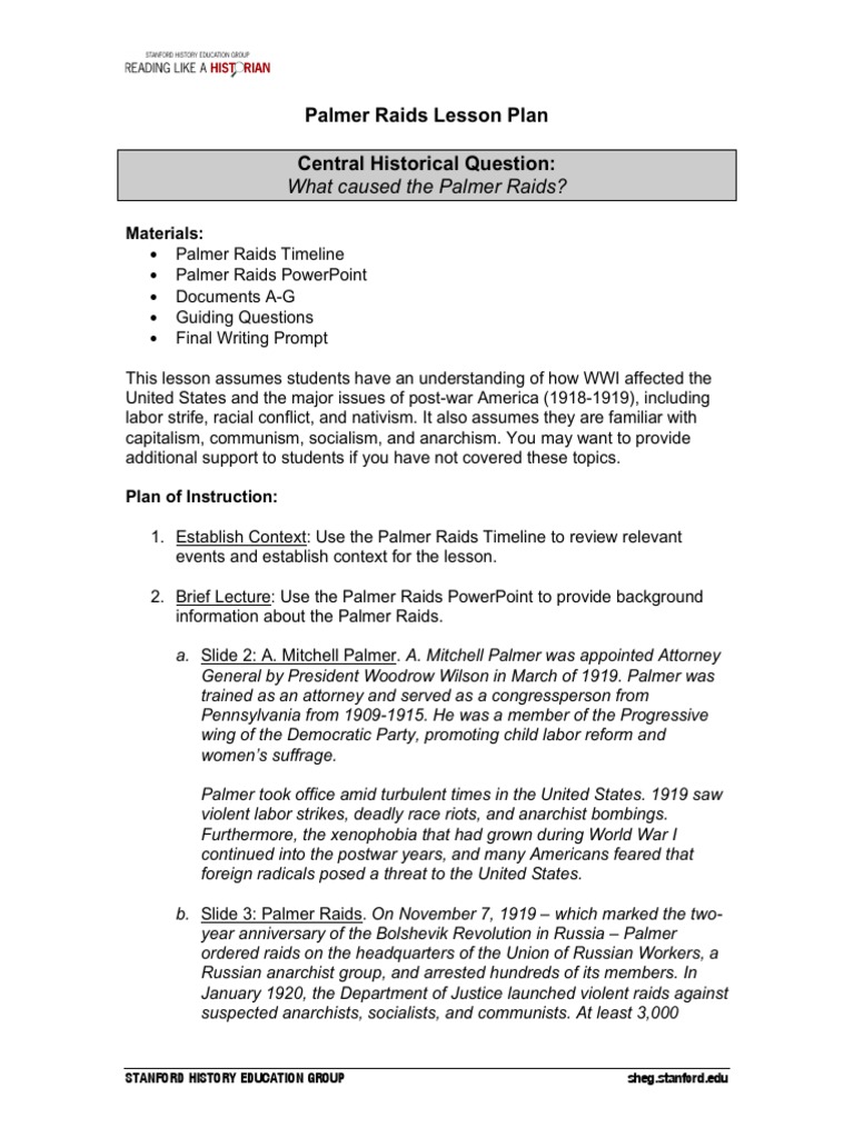 Palmer Raids Lesson Plan | PDF | Strike Action | Social Institutions