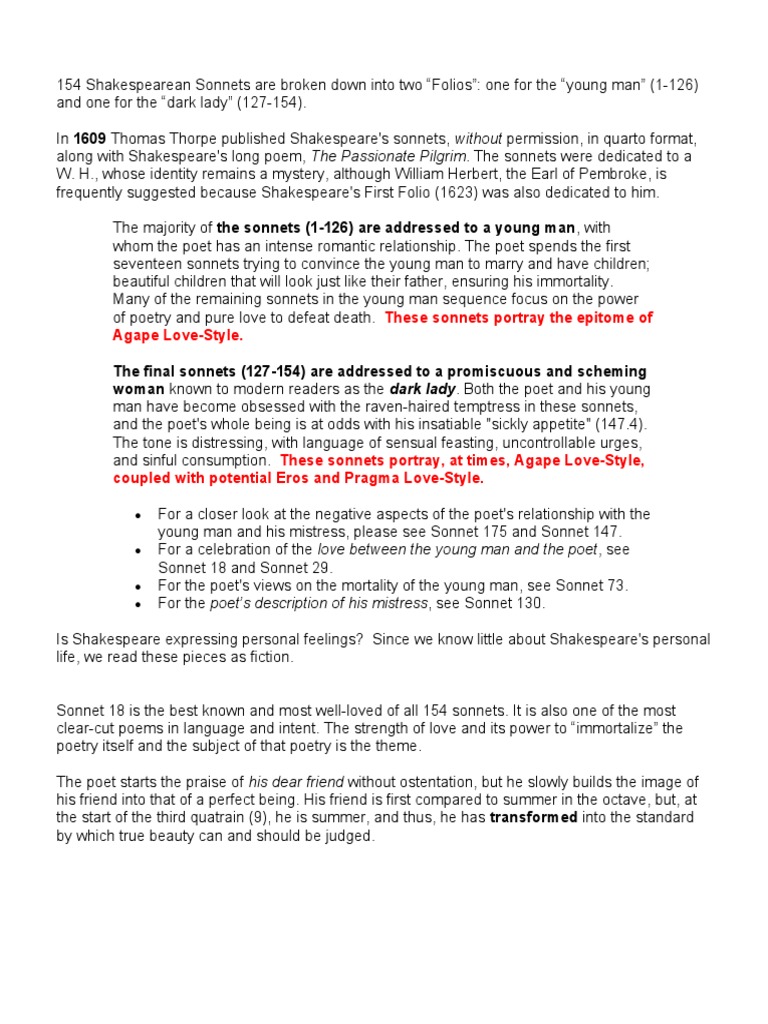 NOTES On Shall I Compare Thee To A Summer's Day and My Misress' Eyes ...