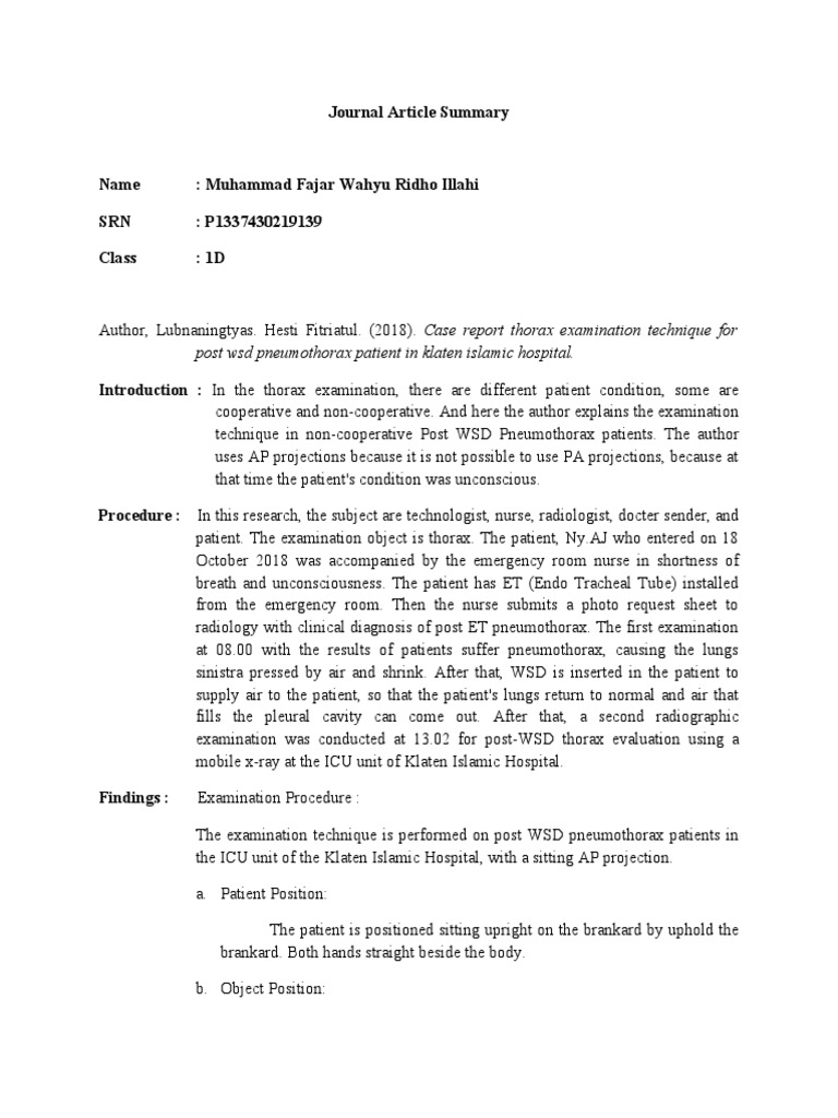 Post WSD Pneumothorax Patient in Klaten Islamic Hospital | PDF | Thorax ...