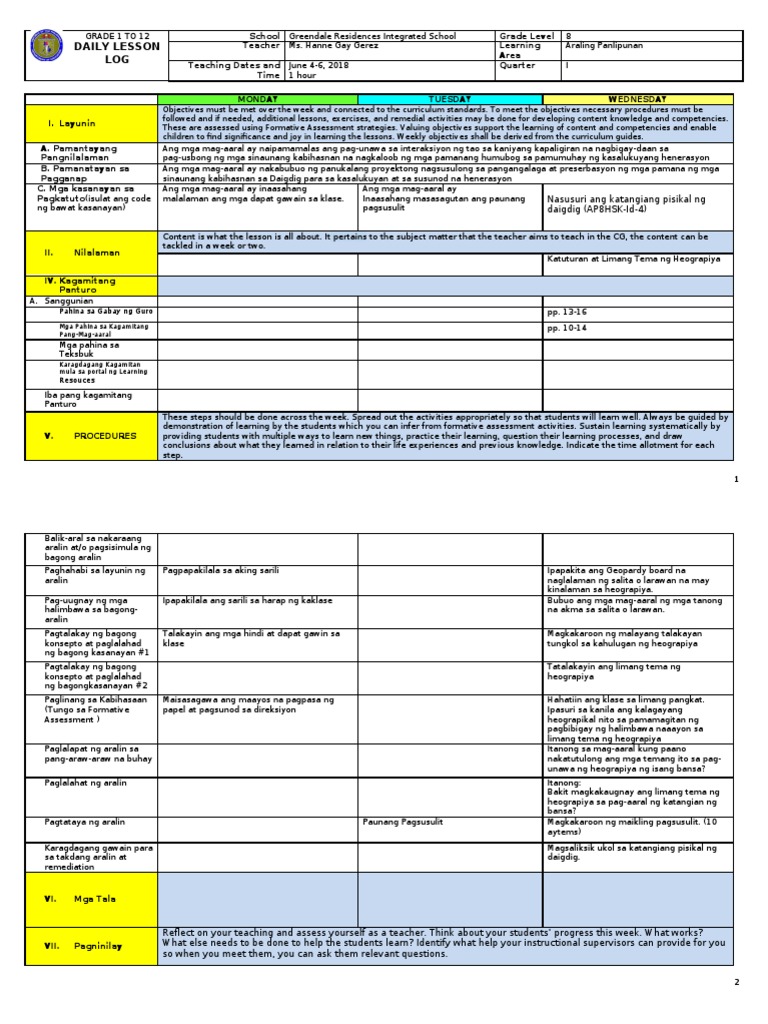 DLL AP 8 (First Week) | PDF | Education Theory | Curriculum