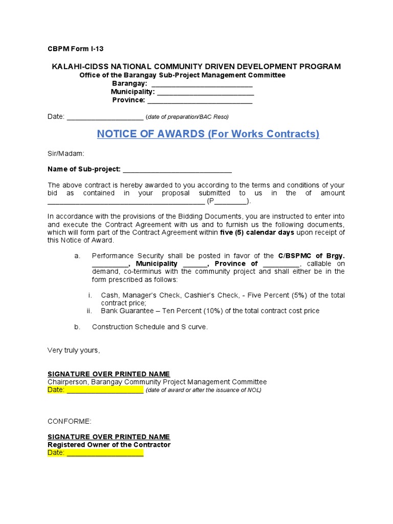 NOTICE OF AWARDS (For Works Contracts) : Kalahi-Cidss National ...