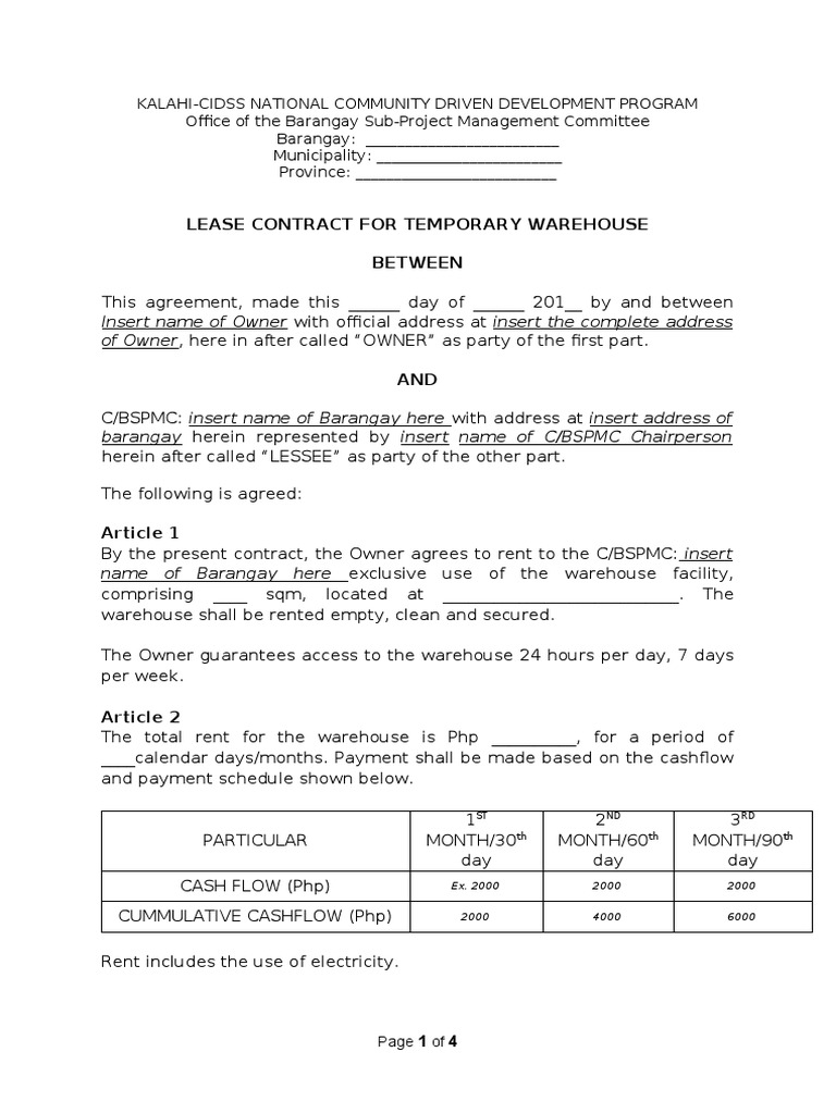 Barangay Warehouse Lease Agreement | PDF | Lease | Law And Economics