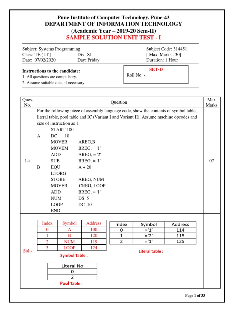 Sample Solutions Unit Test 1 For Set A, B, C and D | PDF | Assembly ...