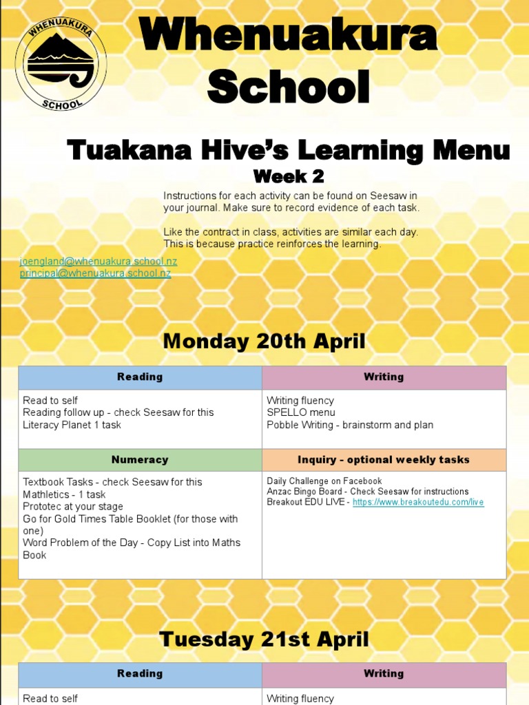 Tuakana Hive Learning Menu Term 2, Week 2 | PDF | Literacy | Learning ...