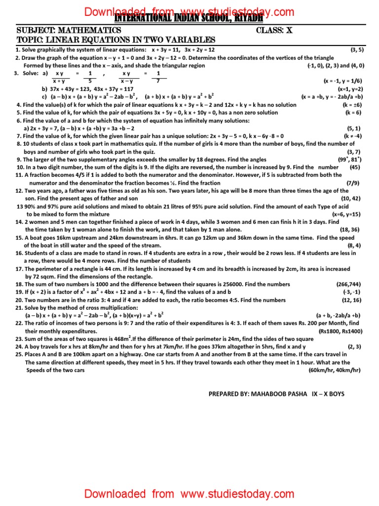 CBSE Class 10 Pair of Linear Equations in 2 Variables PDF | PDF ...