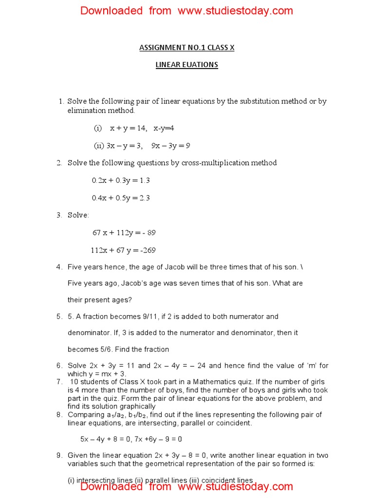 Class X Linear Equations Assignment | PDF | Science & Mathematics