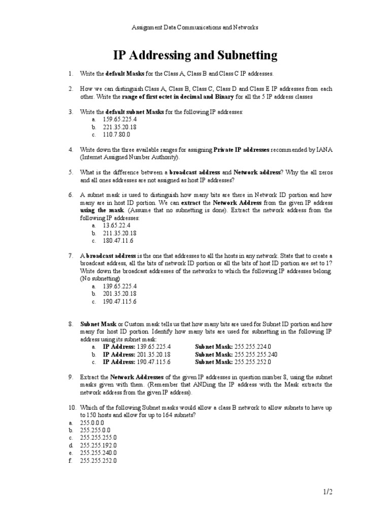 Assignment Subnetting Exercises Spring 2012 | PDF | Ip Address | Internet Protocols