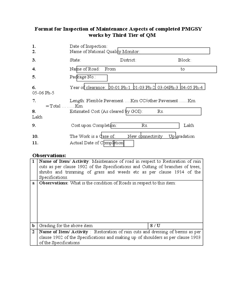 Format For Inspection of Maintenance Aspects of Completed PMGSY Works ...