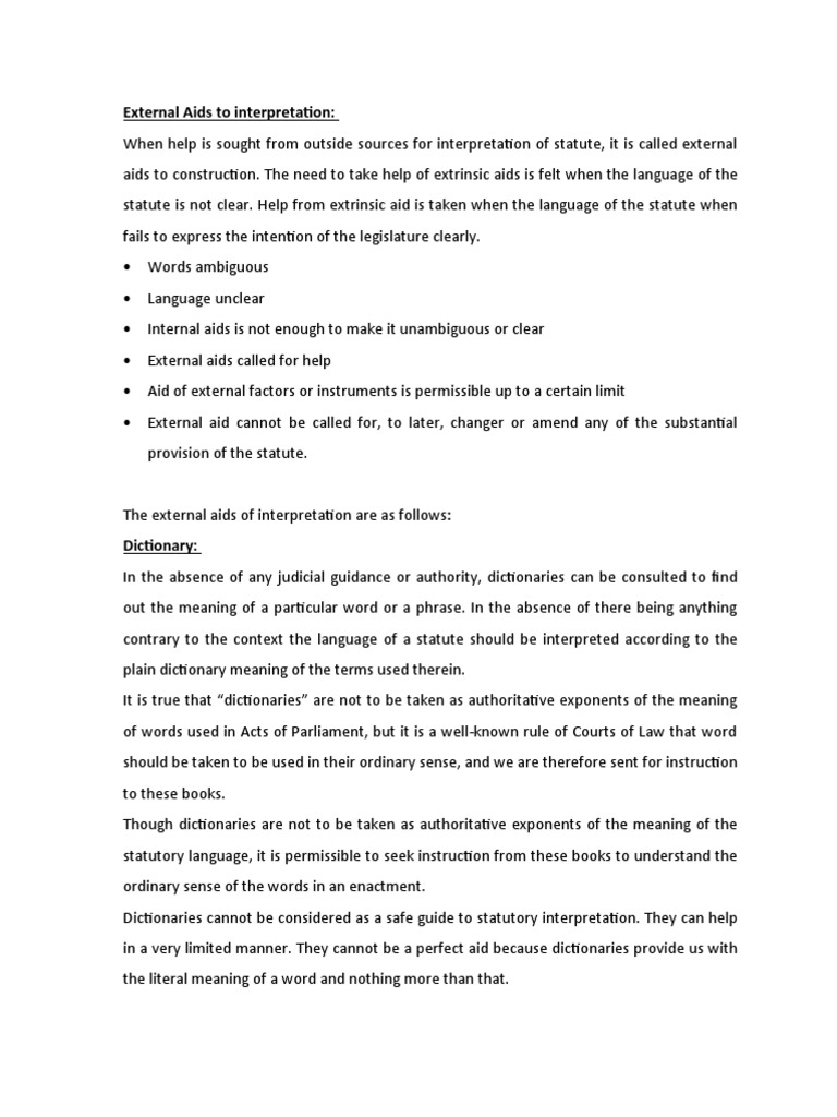External Aids To Interpretation Notes | PDF | Bill (Law) | Statutory ...