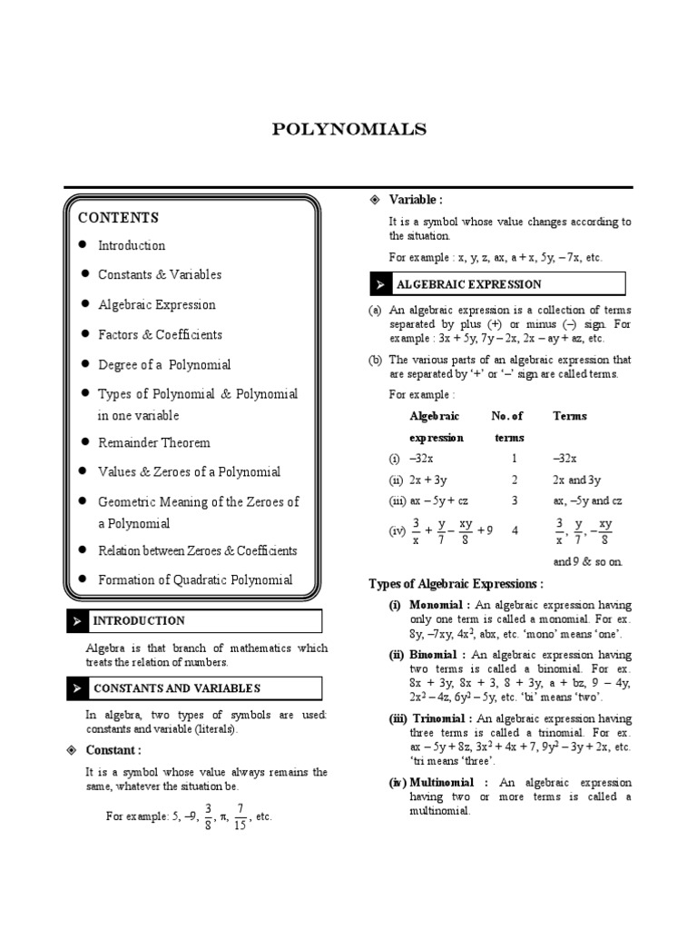 Polynomials: Variable | PDF | Factorization | Quadratic Equation
