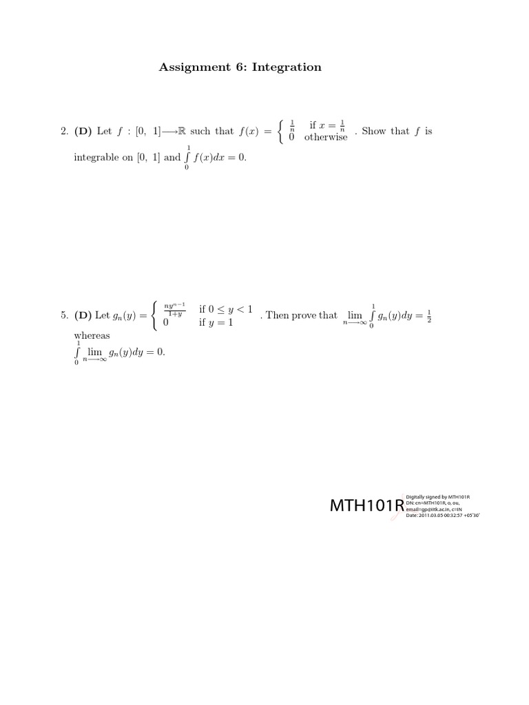 MTH101R: Assignment 6: Integration | PDF | Integral | Mathematical Relations