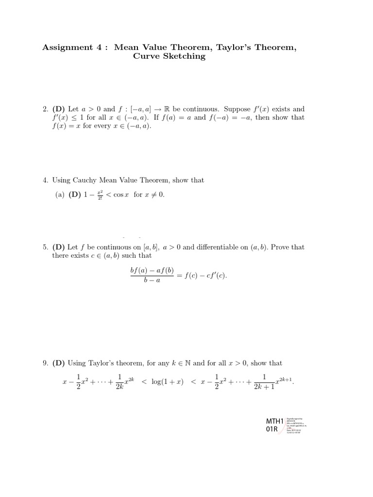 Assignment 4: Mean Value Theorem, Taylor's Theorem, Curve Sketching ...