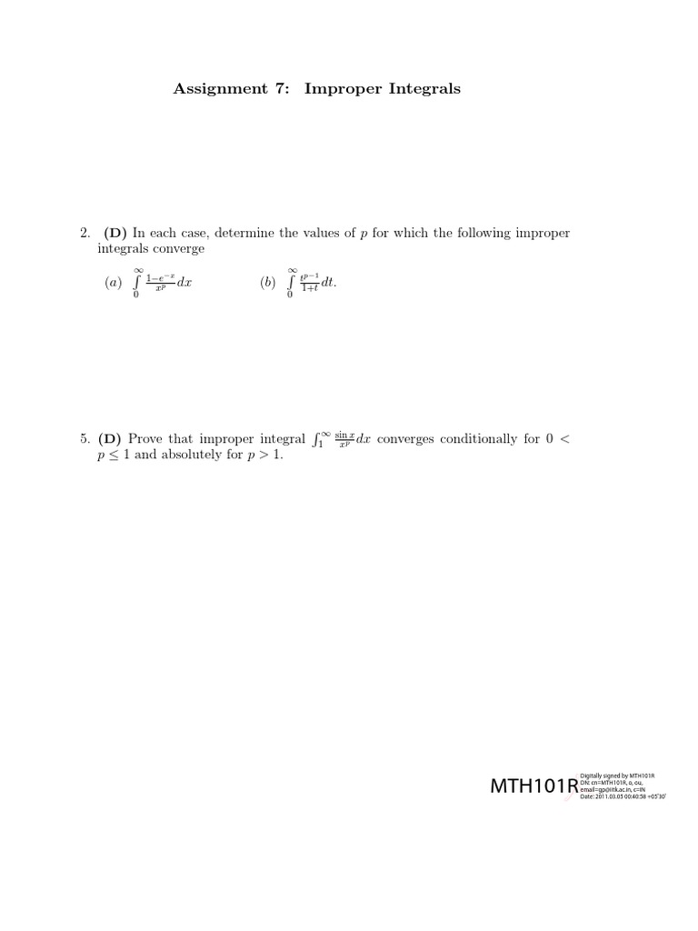 Assignment 7: Improper Integrals: MTH101R | PDF | Mathematical Analysis | Complex Analysis