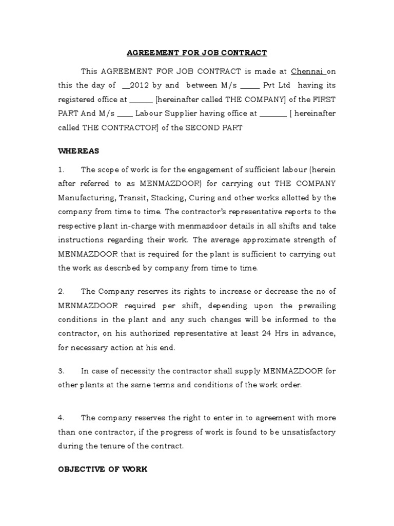 Agreement For Job Contract | PDF | Government | Private Law