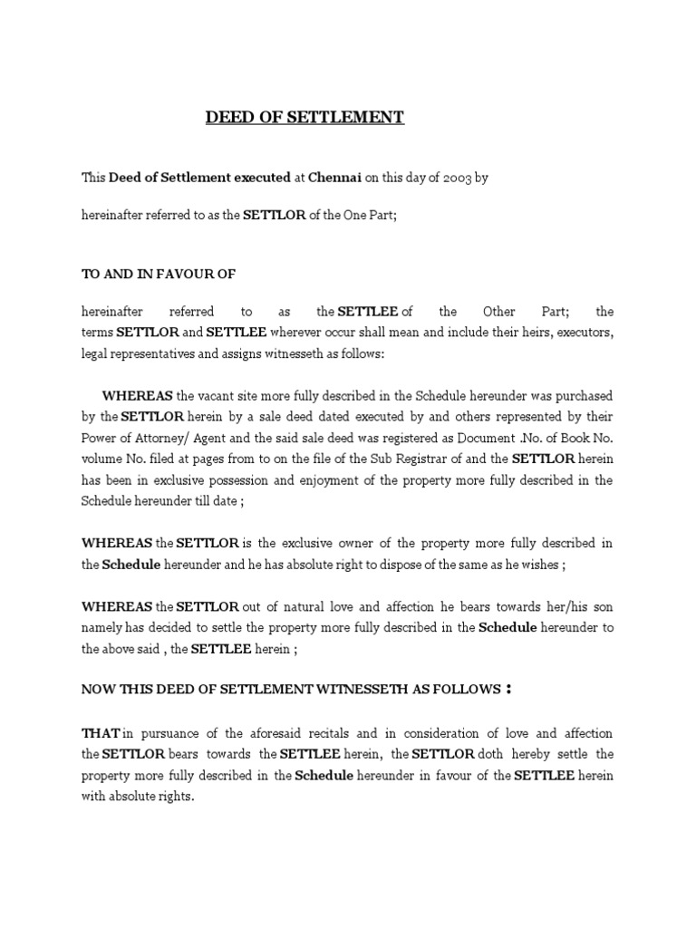 Deed of Settlement | PDF | Deed | Property