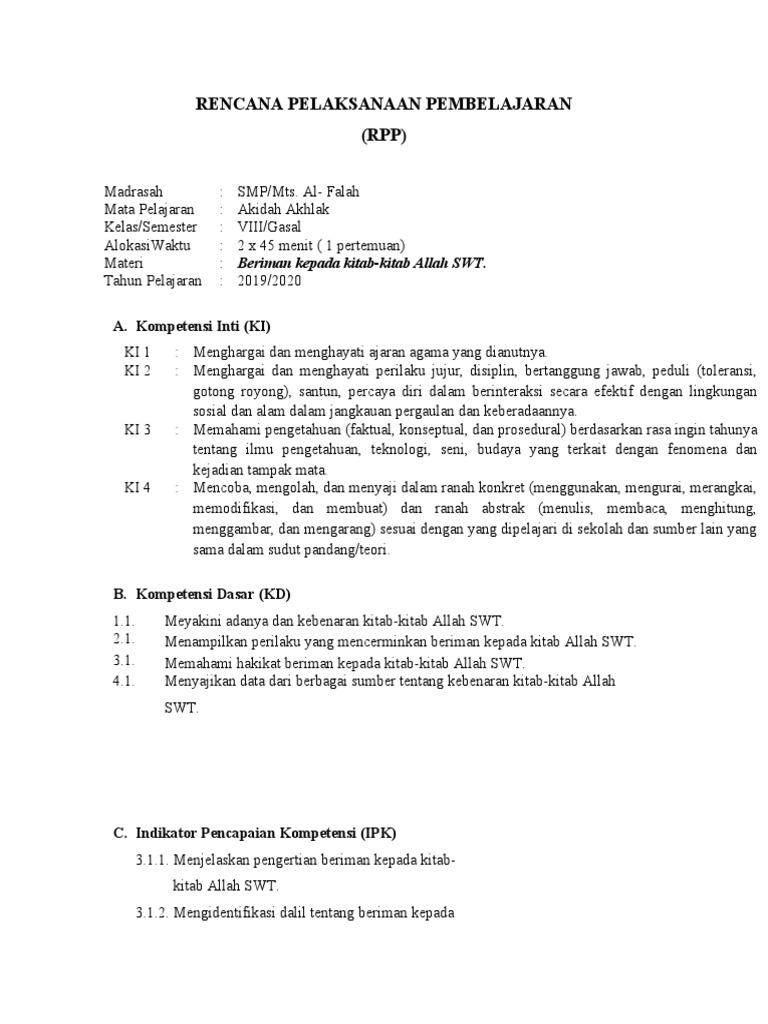 RPP Akidah Akhlak Kelas VIII PAI M Kodri Kostolani | PDF | Sains & Matematika