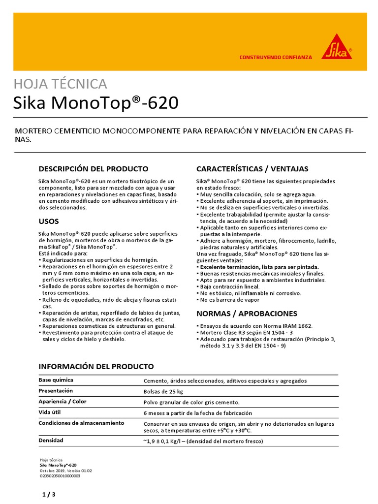 Sika MonoTop - 620 | PDF | Hormigón | Cemento