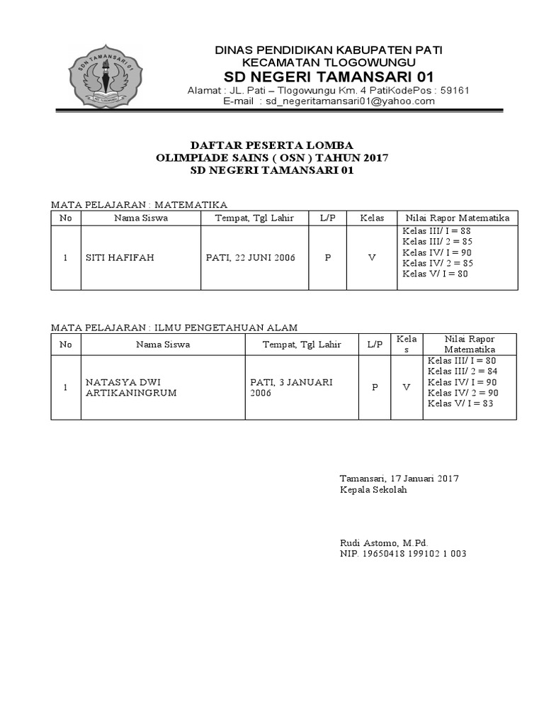 Daftar Peserta Lomba Osn | PDF