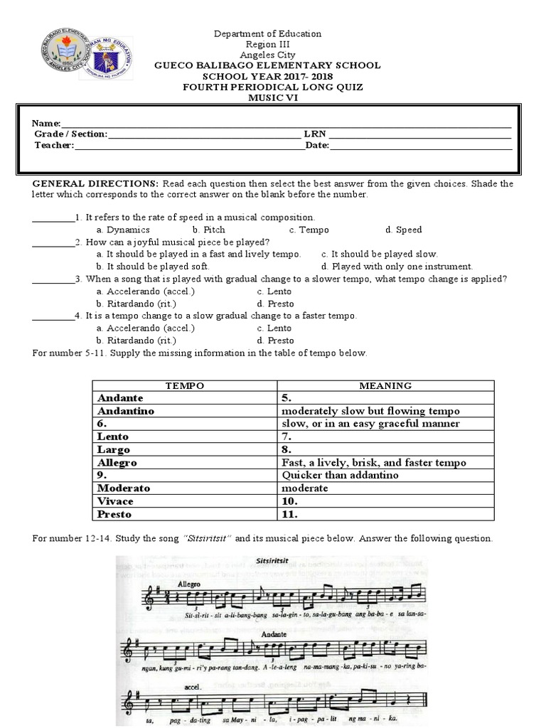 Music Vi Long Quiz Fourth Grading With Answer Key 2017-2018 | PDF ...