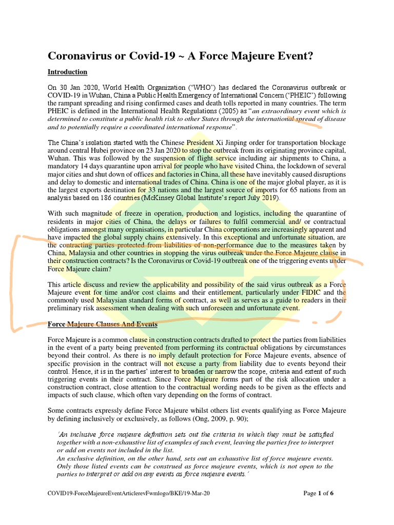 COVID-19 as a Force Majeure Event | PDF | Epidemics | Pandemic