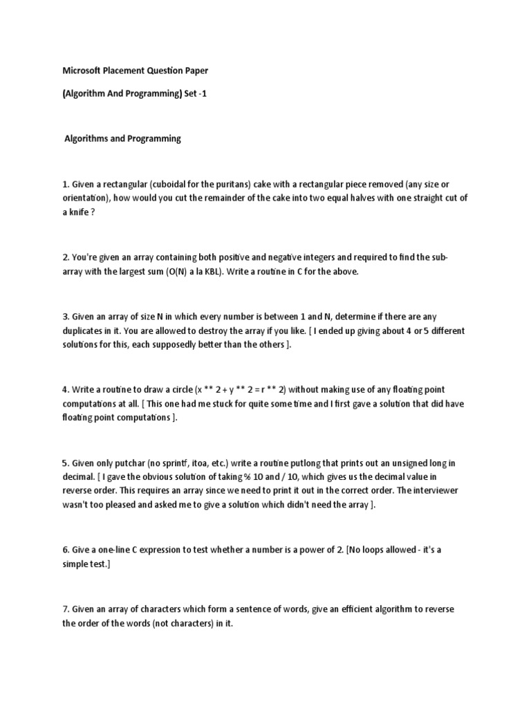 Microsoft Placement Paper 1 | PDF | Array Data Structure | Integer (Computer Science)