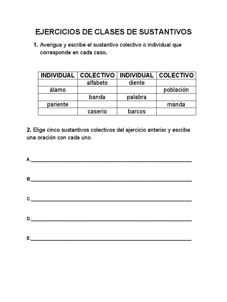 Ejercicios de Clases de Sustantivos | PDF