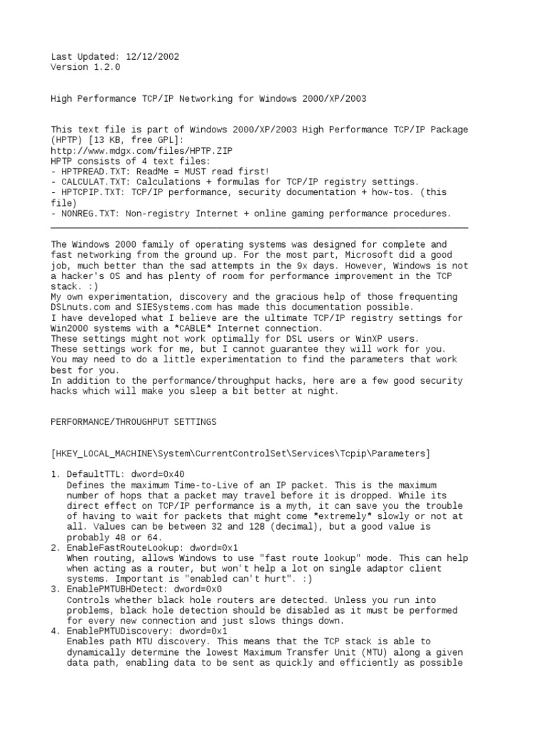 Windows TCP/IP Optimization Guide | PDF | Transmission Control Protocol | Network Protocols